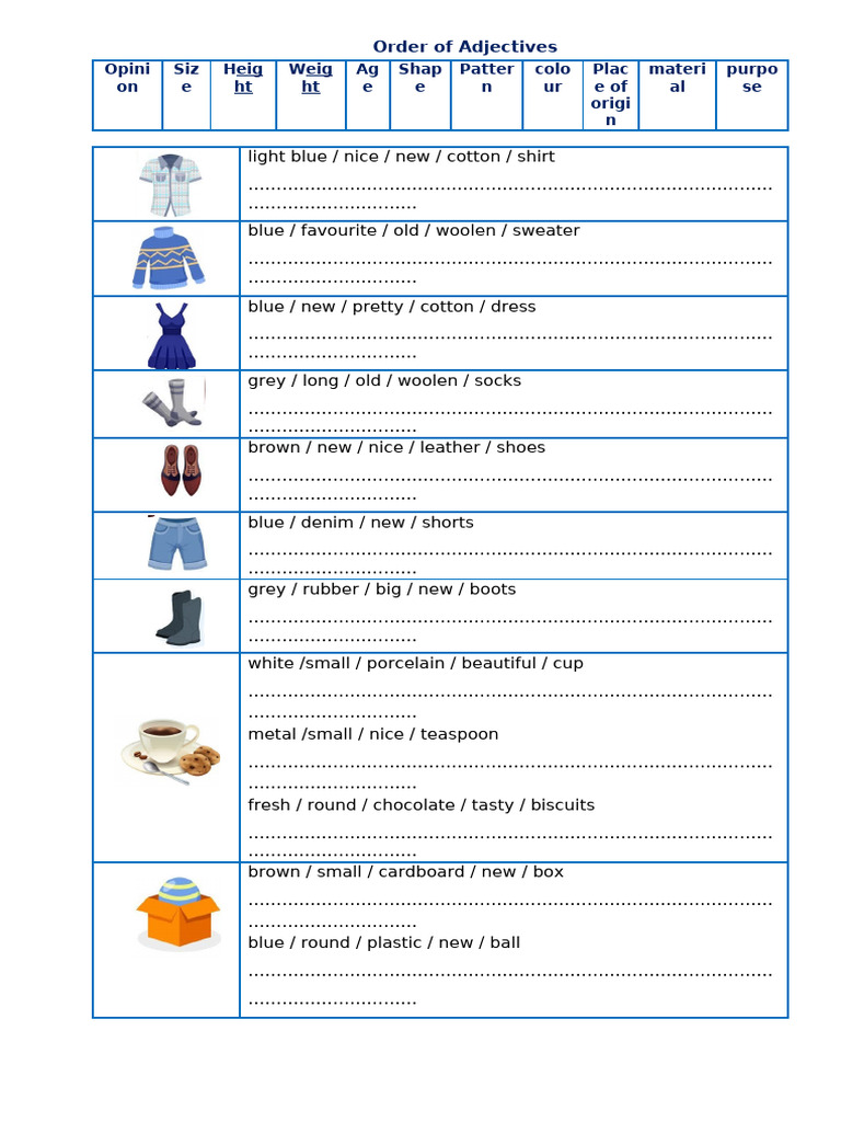 Order of Adjectives - (With Drawings) Exercise | PDF
