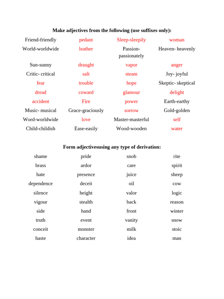 Make Adjectives From The Following Words | PDF