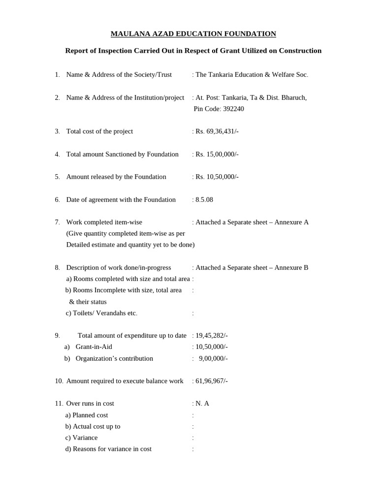 Tankaria Edu Soc. - Inspection Report - 30.12.09doc | PDF
