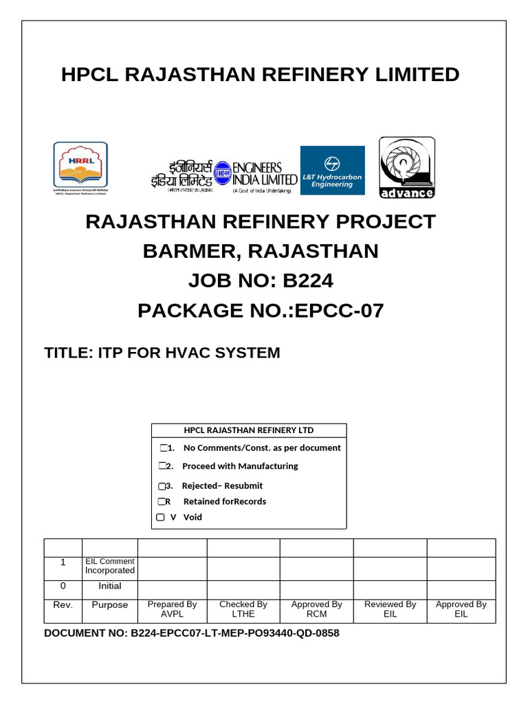ITP for HVAC System - HPCL Rajasthan | PDF