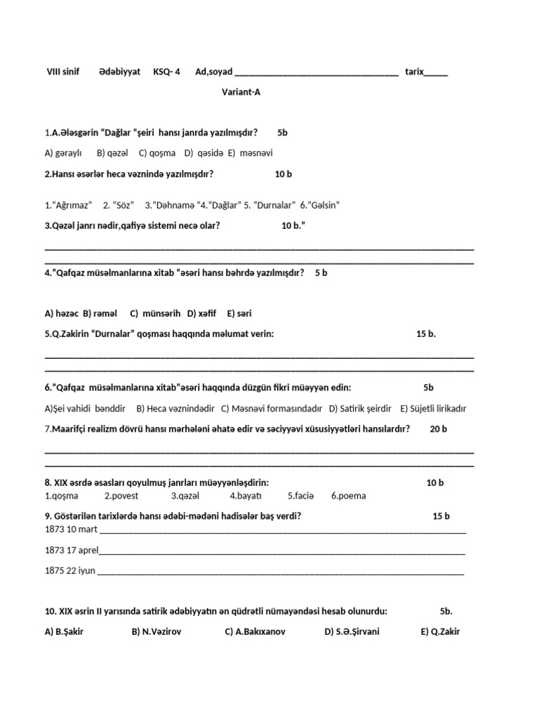 Ksq-4 Ədəbiyyat 8 Ci Sinif | PDF