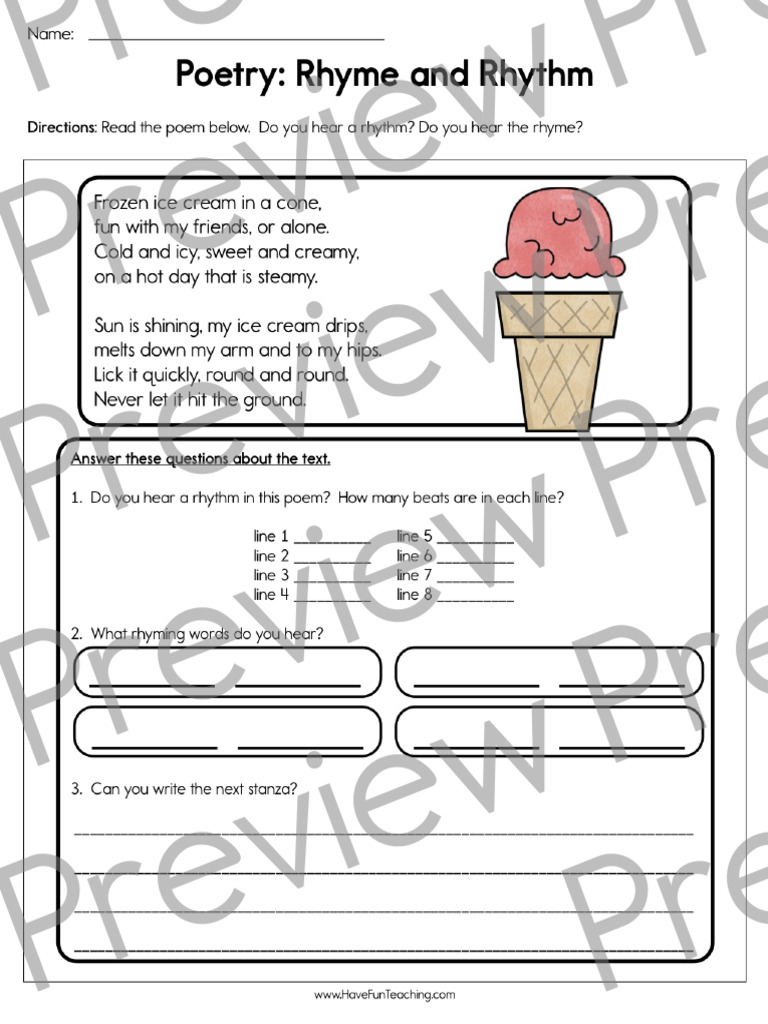 Poetry Rhyme and Rhythm Worksheet Preview | PDF