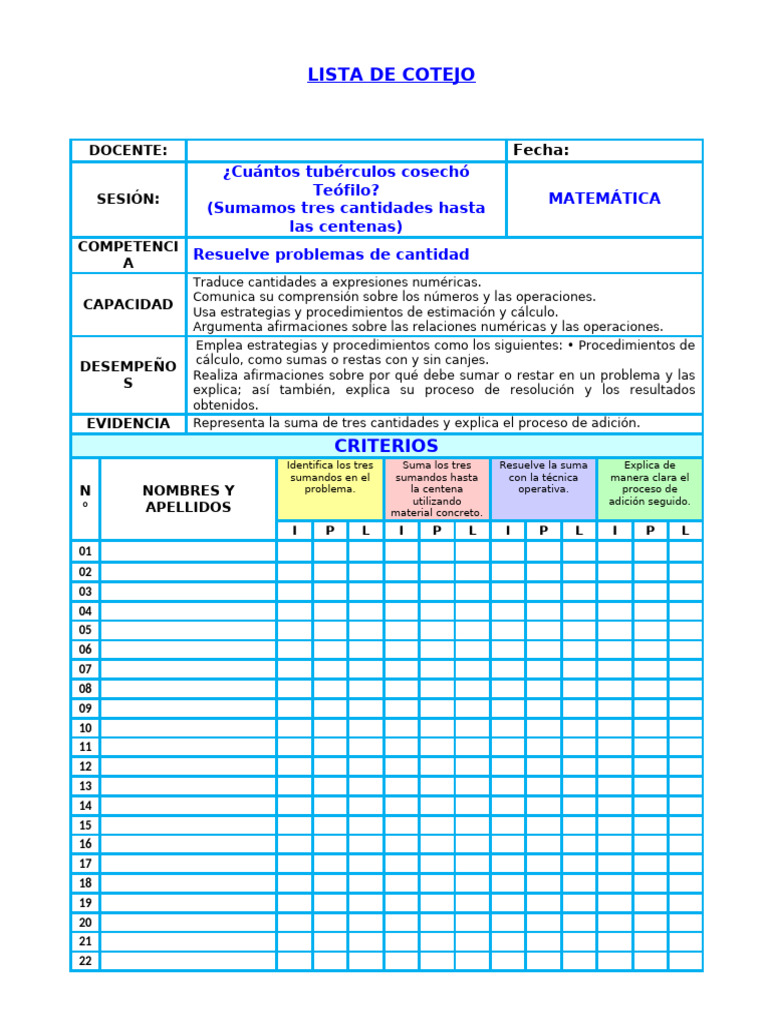 Sumamos Tres Cantidades Hasta Las Centenas_MAT_LISTA de COTEJO | PDF