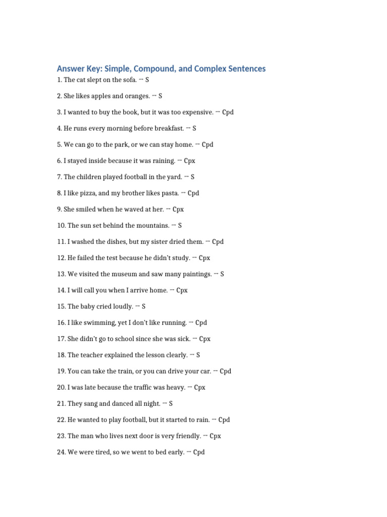Simple Compound Complex Sentences Answer Key | PDF