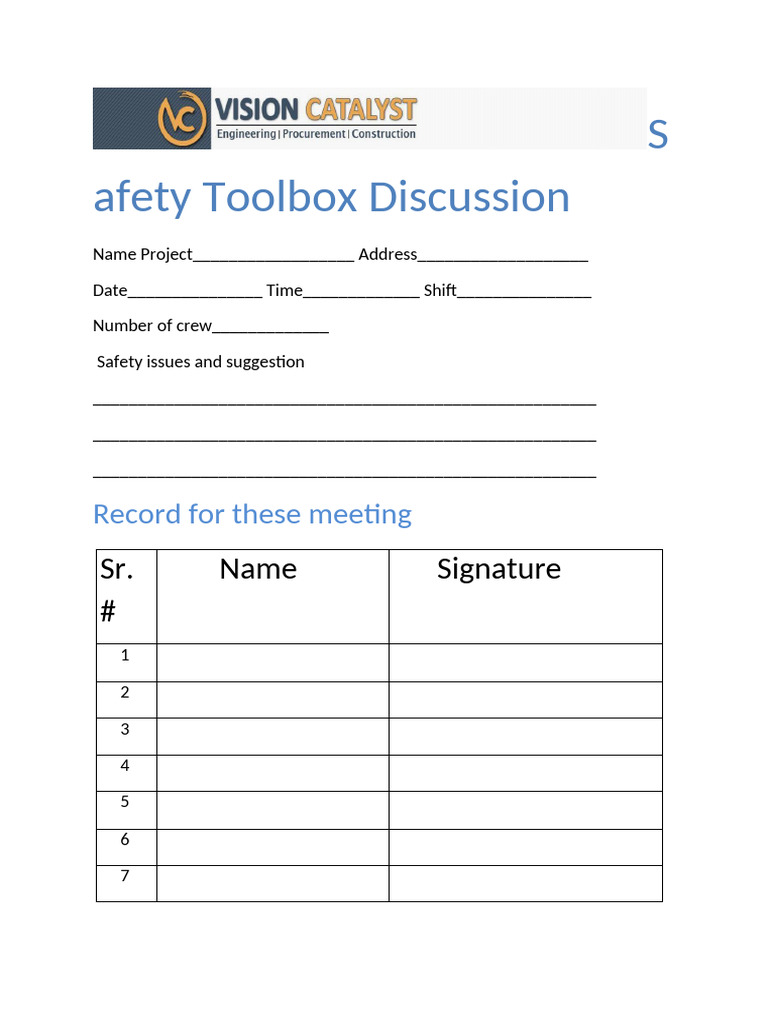 Safety Toolbox Meeting Record Template | PDF