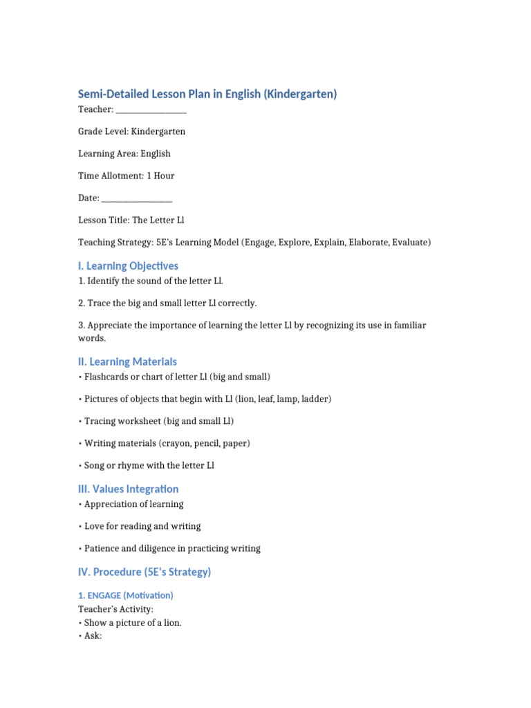 Semi-Detailed Lesson Plan Letter LL Kindergarten Annotated | PDF | Learning | Lesson Plan