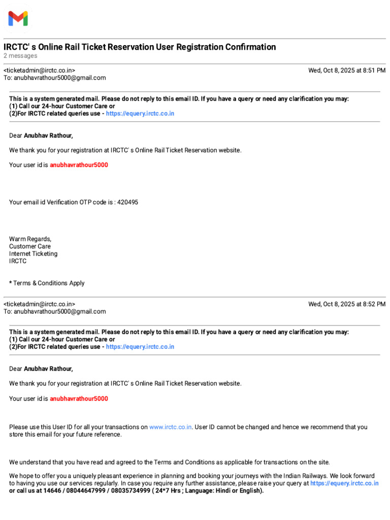 IRCTC User Registration Confirmation | PDF | Credit Card | Debit Card