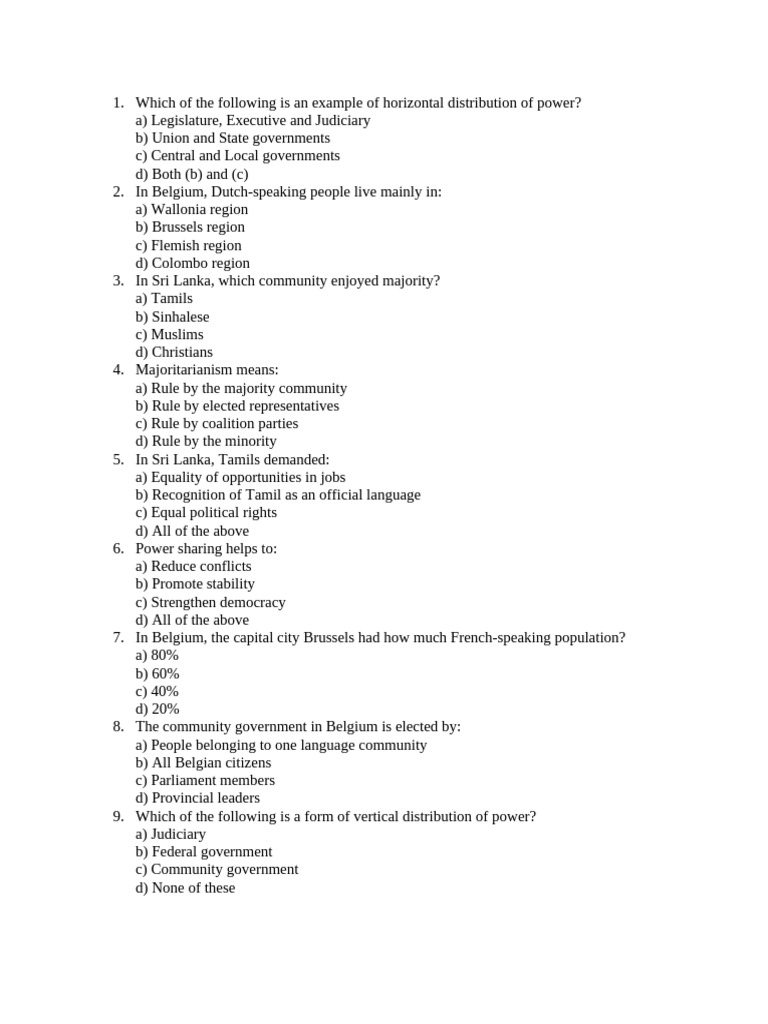 Revision Worksheet - Power Sharing | PDF | Sri Lanka | Belgium