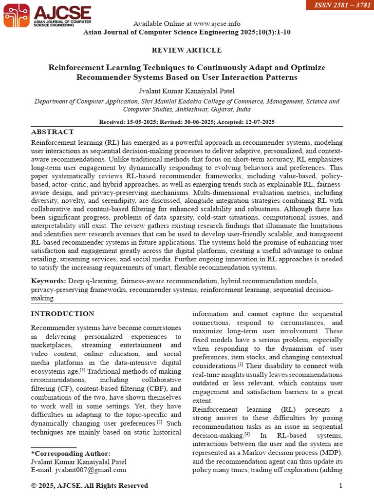 Reinforcement Learning Techniques To Continuously Adapt and Optimize Recommender Systems Based ...