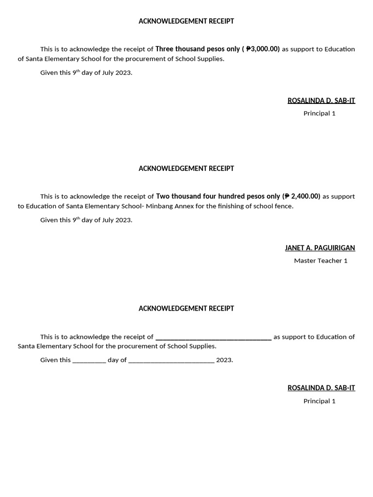 Acknowledgment Receipts for School Support | PDF
