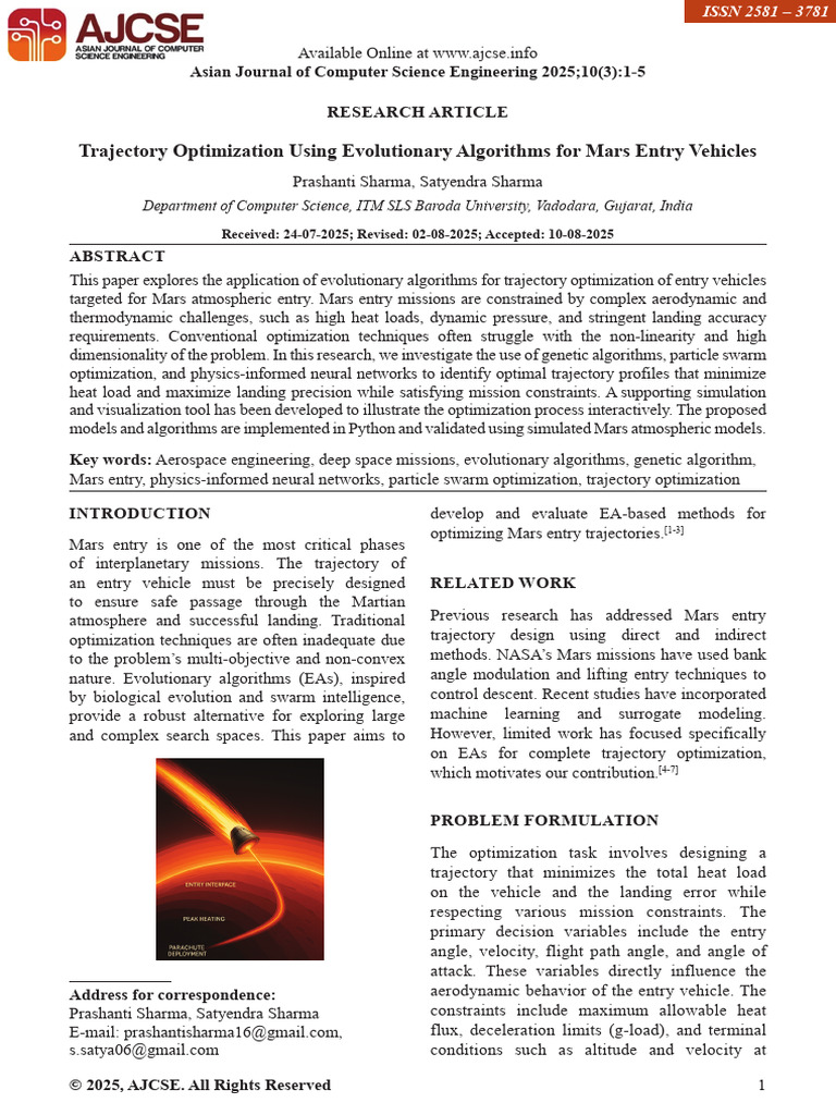 Trajectory Optimization Using Evolutionary Algorithms For Mars Entry ...