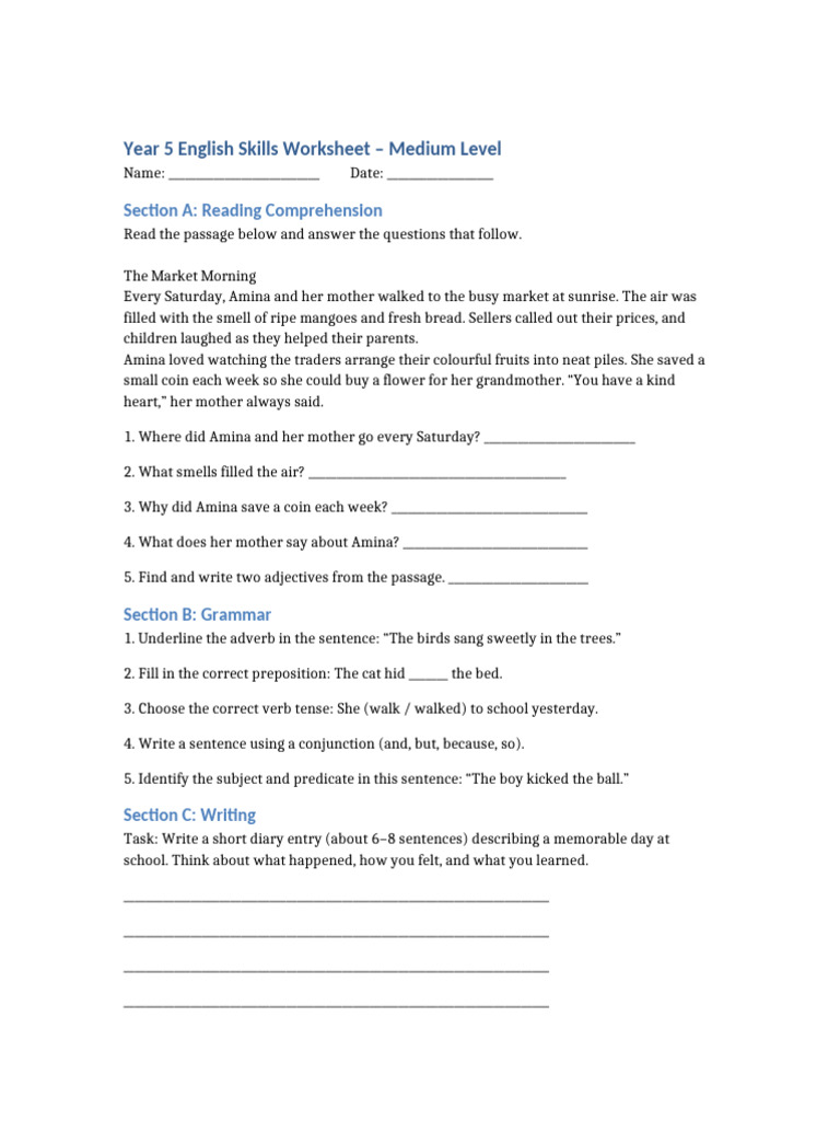 Year 5 English Skills Worksheet Medium Level | PDF | Poetry | Subject ...