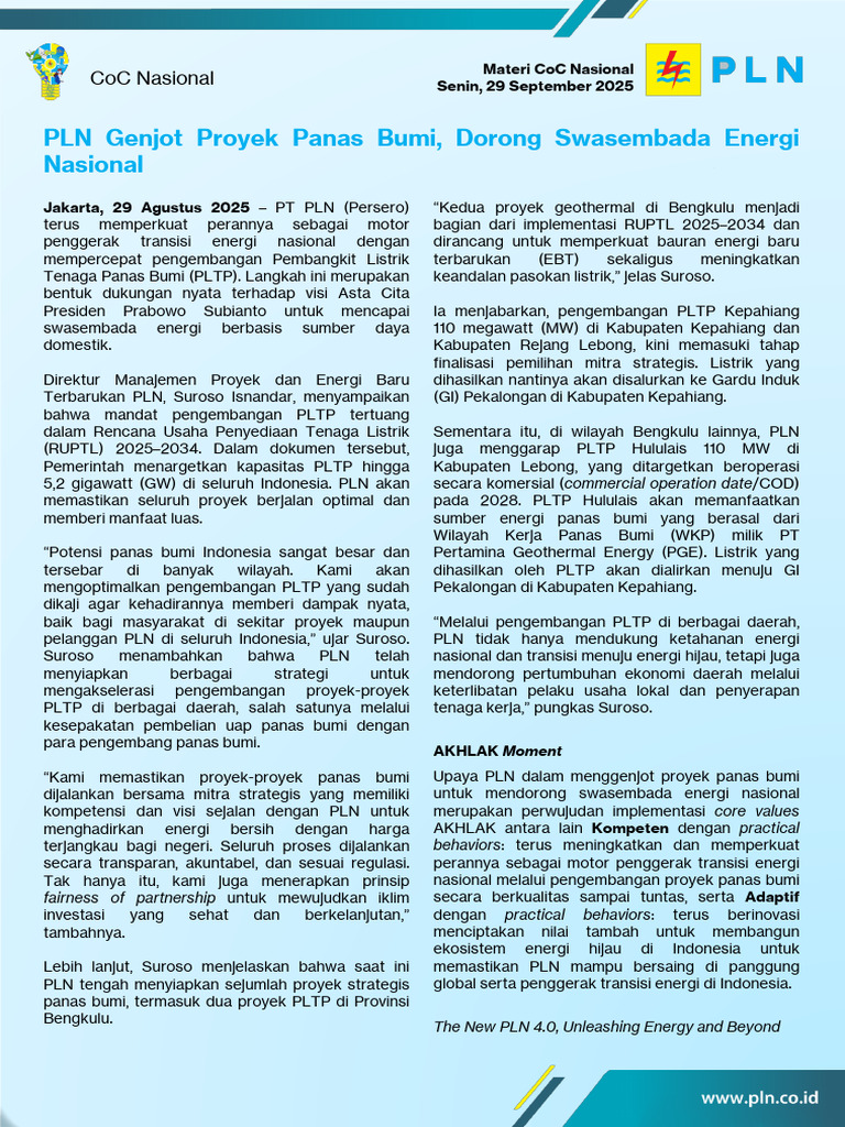 Materi CoC Nasional - PLN Genjot Proyek Panas Bumi, Dorong Swasembada Energi Nasional | PDF