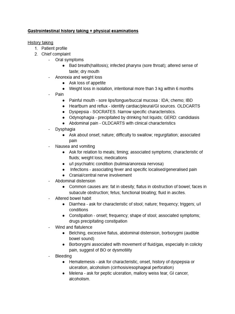 Gastrointestinal History Taking + Physical Examinations | PDF | Abdomen ...