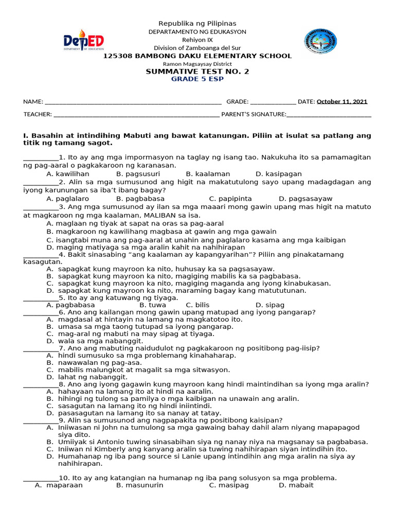 Summative Test No. 2: 125308 Bambong Daku Elementary School | PDF