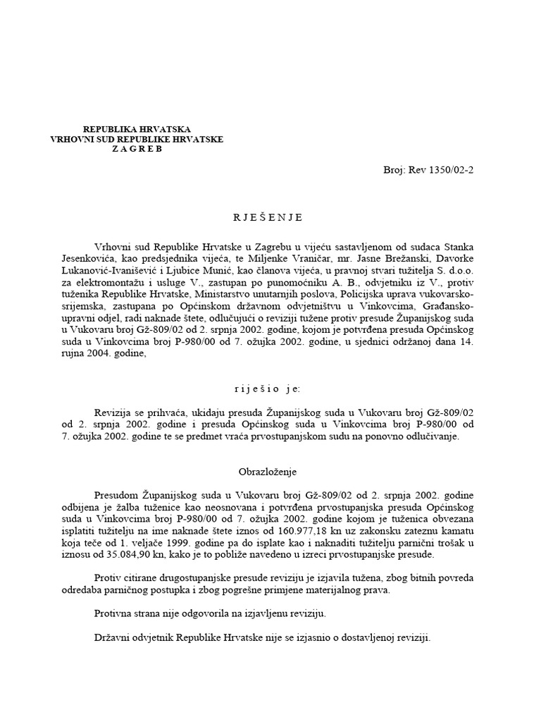 Rev-1350 - 2002-2 Vrhovni Sud Republike Hrvatske | PDF
