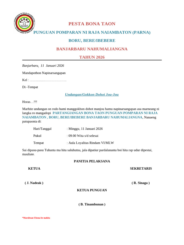 Undangan Pesta Bona Taon PARNA 2026 | PDF