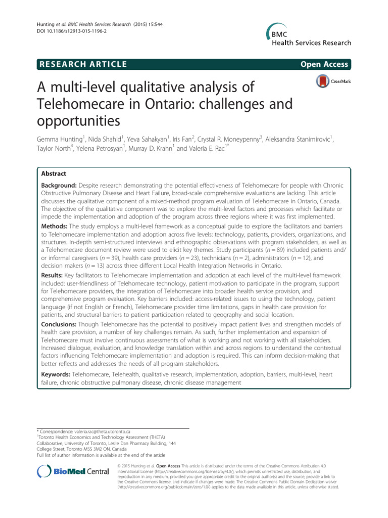 1 A Multi-Level Qualitative Analysis of Telehomecare in Ontario ...