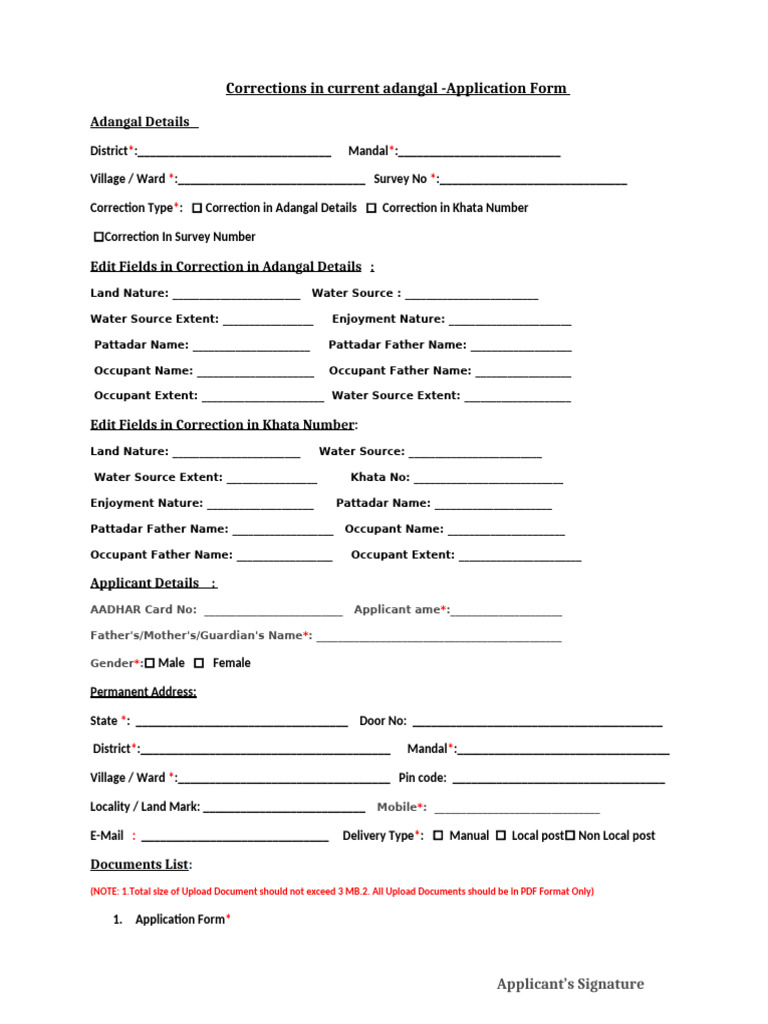 Corrections in Current Adangal - Application Form | PDF