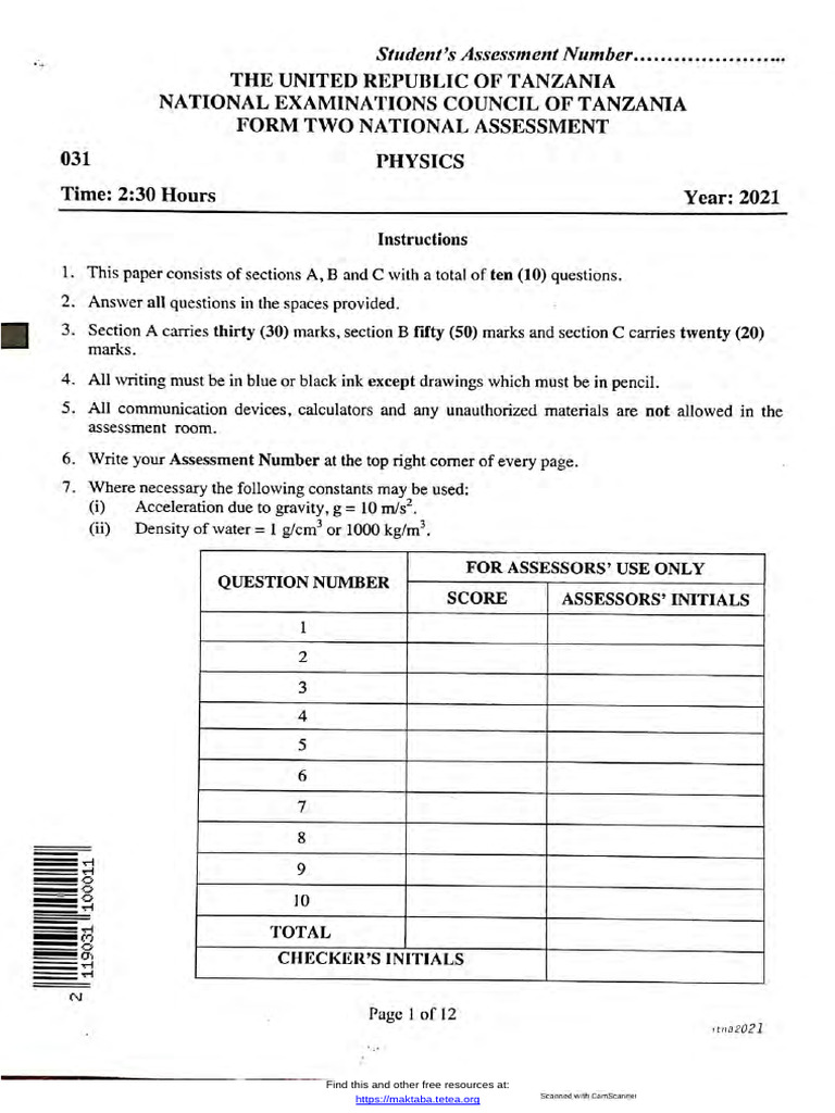 Form 2 Physics Examination 2021 - Physics-F2-2021 | PDF