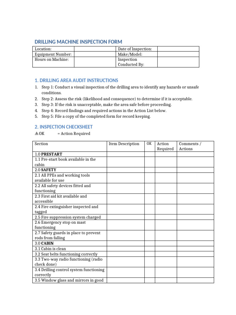 Drilling Machine Inspection Checklist | PDF | Equipment | Safety