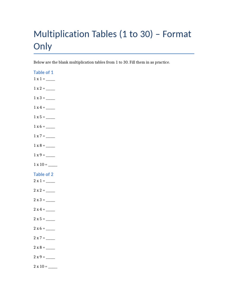 Blank Multiplication Tables 1-30 | PDF