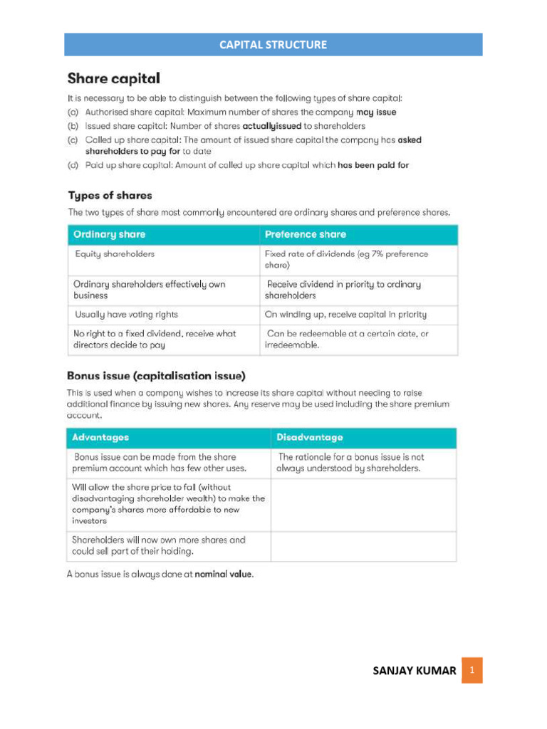 Capital Structure Notes Summary | PDF