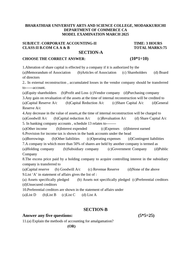 Corporate Accounting - II Model Question Paper | PDF | Balance Sheet ...