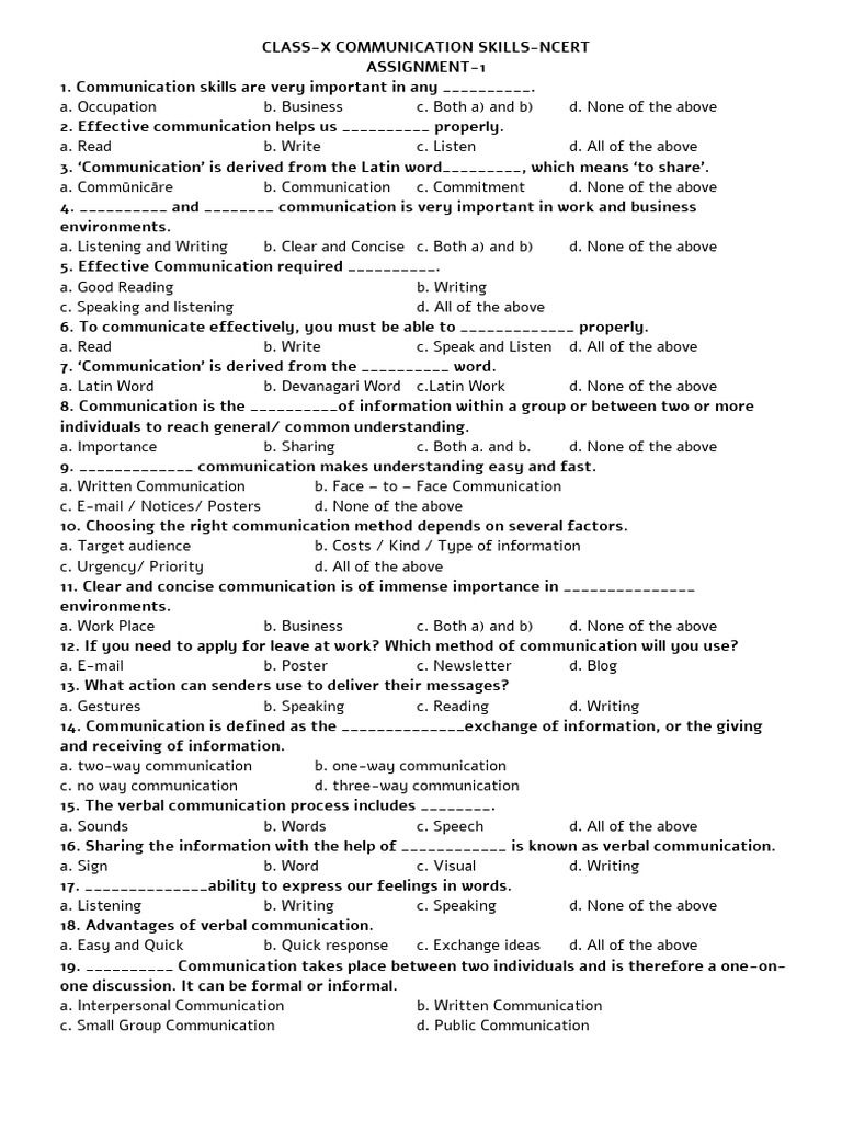 Class X Communication Skills Assignment | PDF | Communication ...