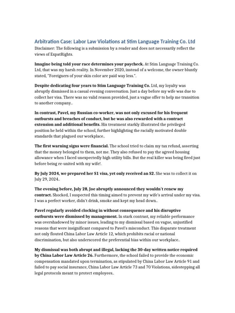 China Arbitration: Labor Law Violations | PDF | Labour Law | Justice