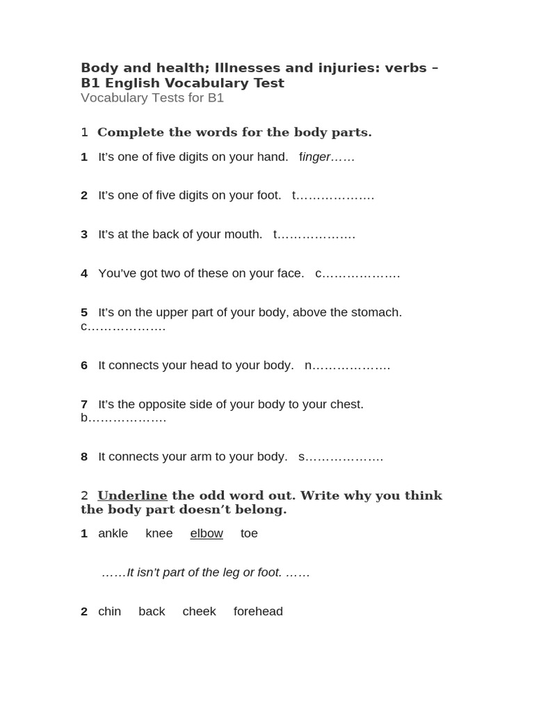 B1 Vocabulary Test: Body Parts & Health | PDF | Limbs (Anatomy)