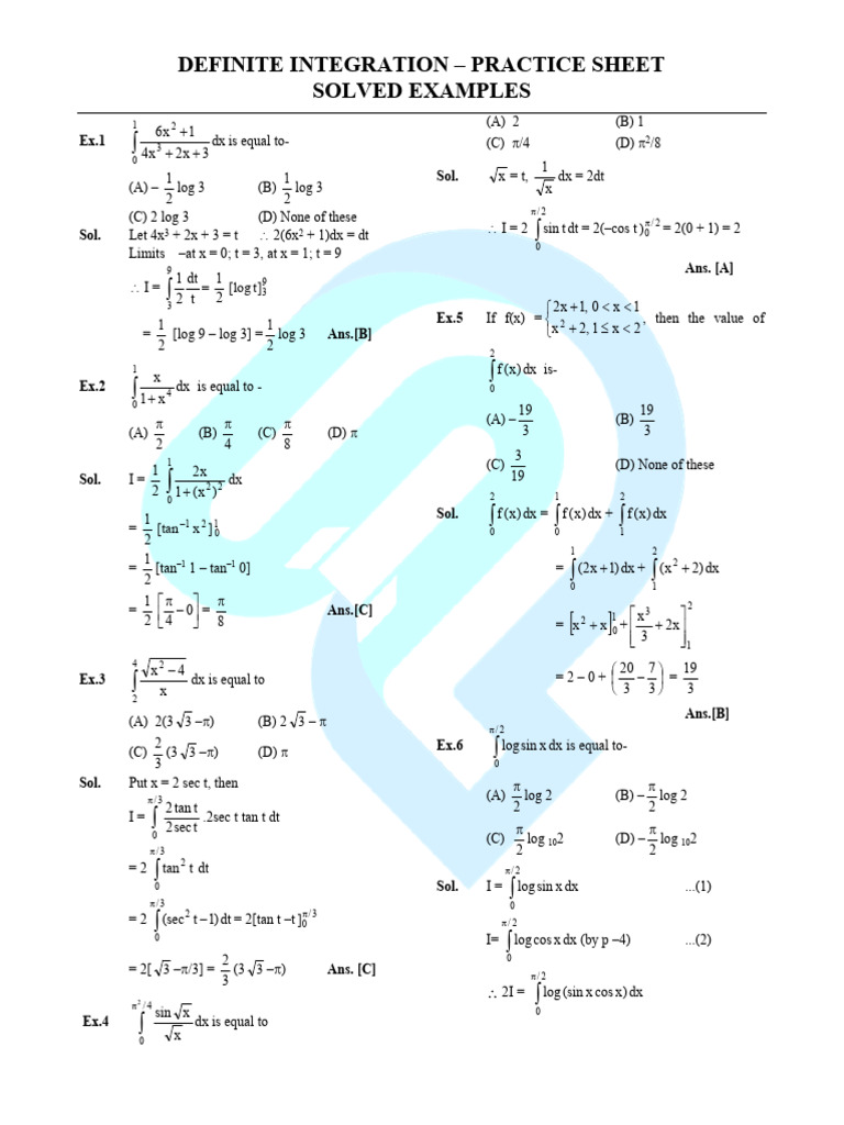 Definite Integration - Practice Sheet | PDF | Mathematical Objects ...