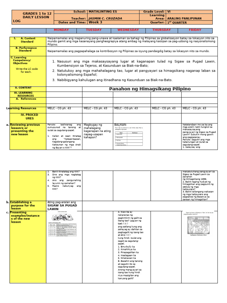 GRADES 1 To 12 Daily Lesson LOG Week 3: Panahon NG Himagsikang Pilipino ...