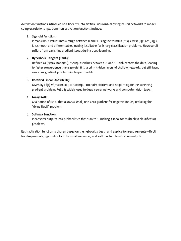 Key Activation Functions in Neural Networks | PDF