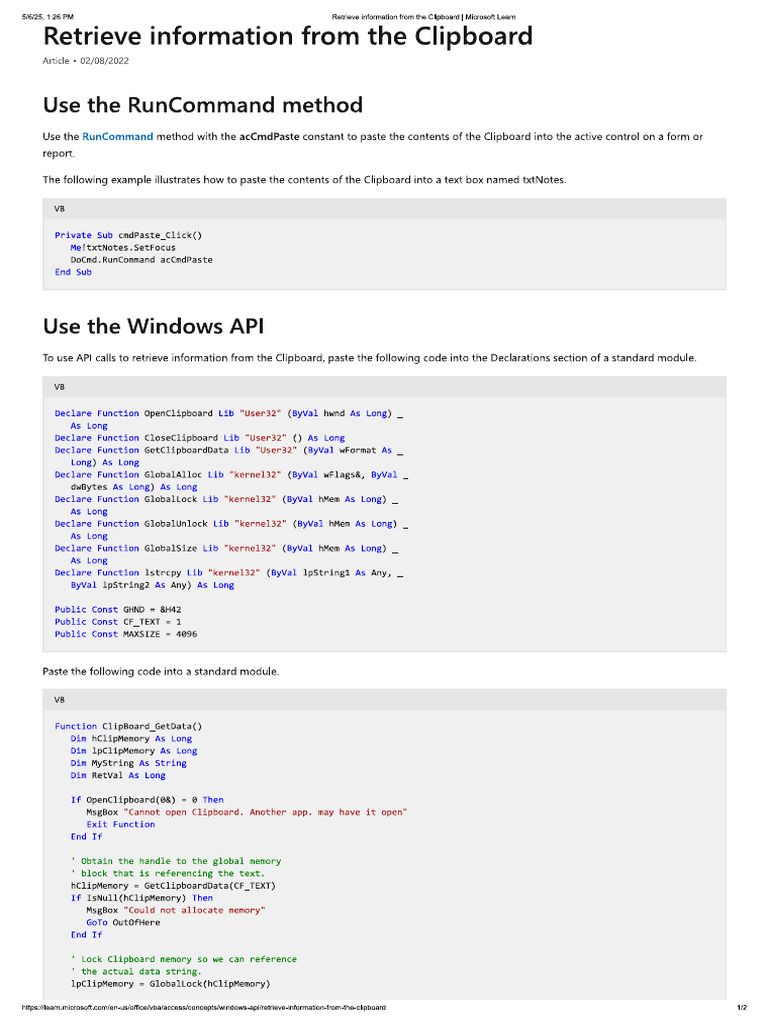 VBA - Retrieve Information From The Clipboard | PDF