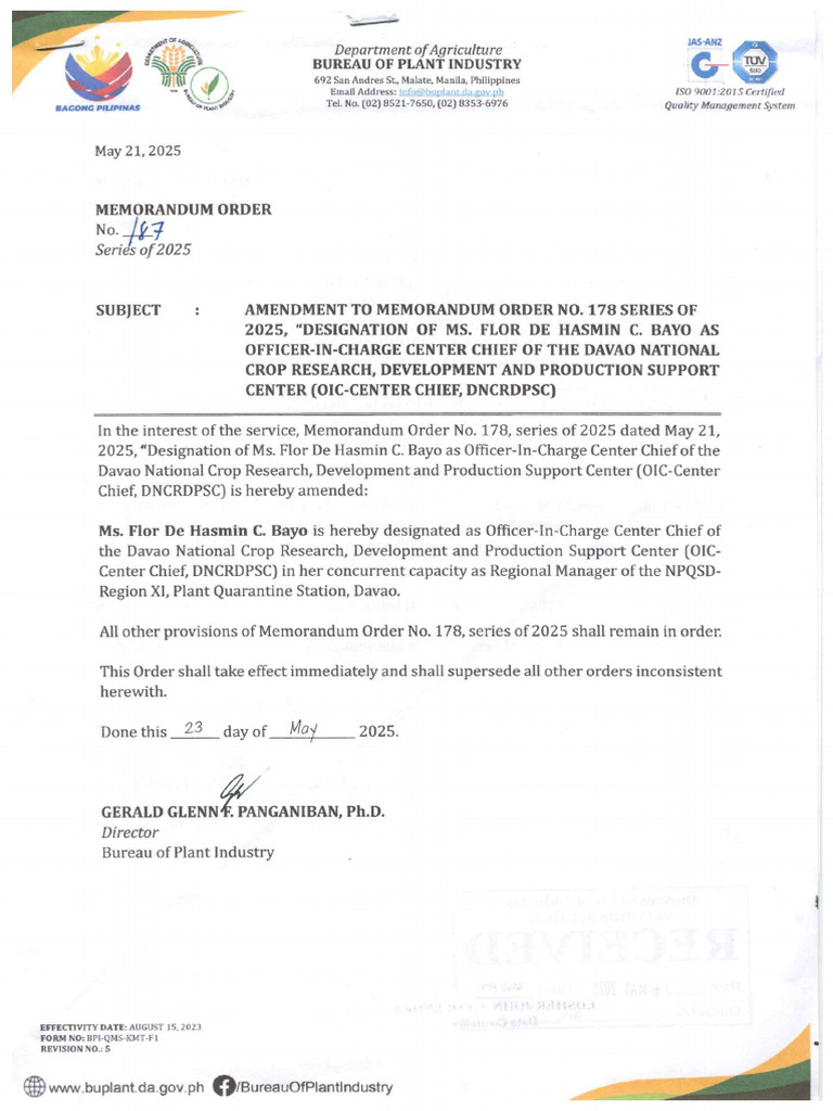 BPI Memorandum Order No 187 Series of 2025 Amendment To Memorandum ...