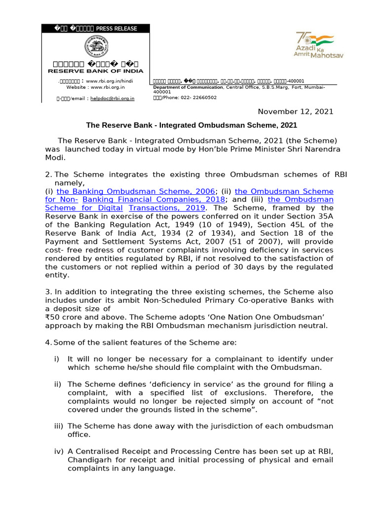 RBI Launches Integrated Ombudsman Scheme | PDF | Reserve Bank Of India