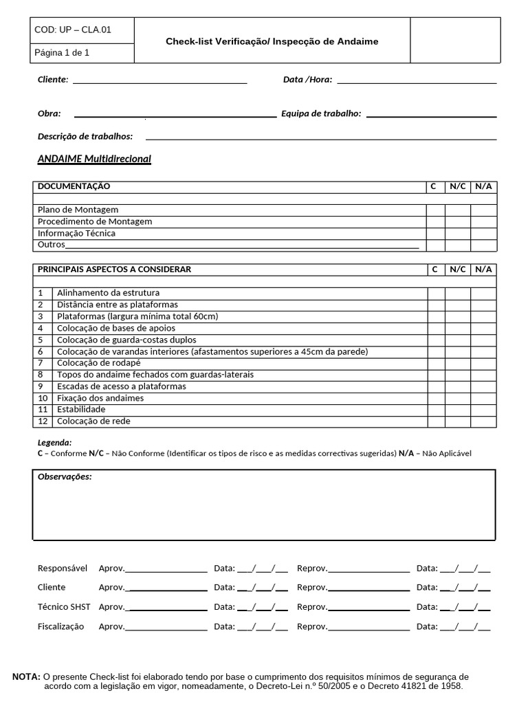 Check-list de Inspeção de Andaime | PDF