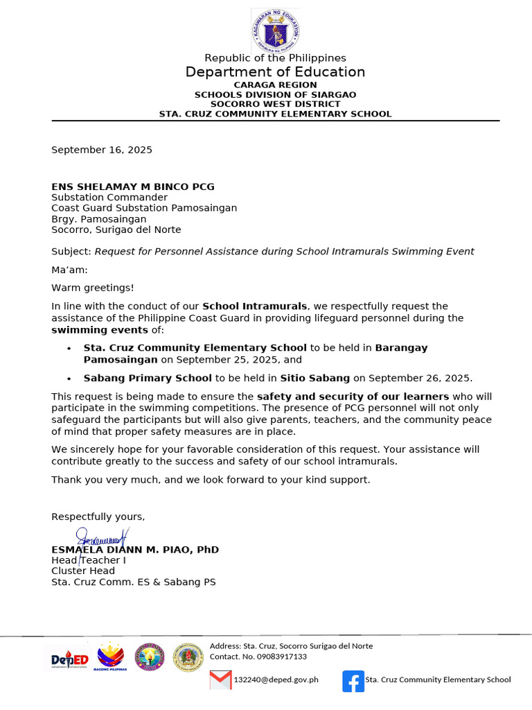 Letter Request To PCG For School Intrams | PDF