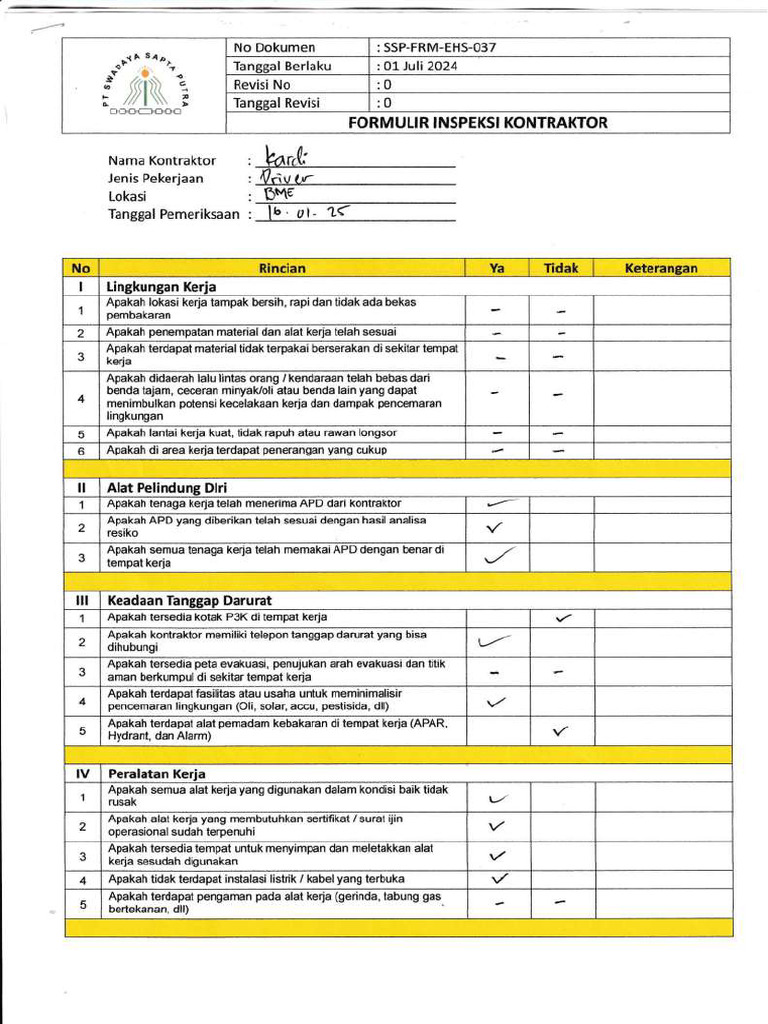 2025 BLN 01 - 07.laporan Inspeksi Kontraktor ( ) | PDF