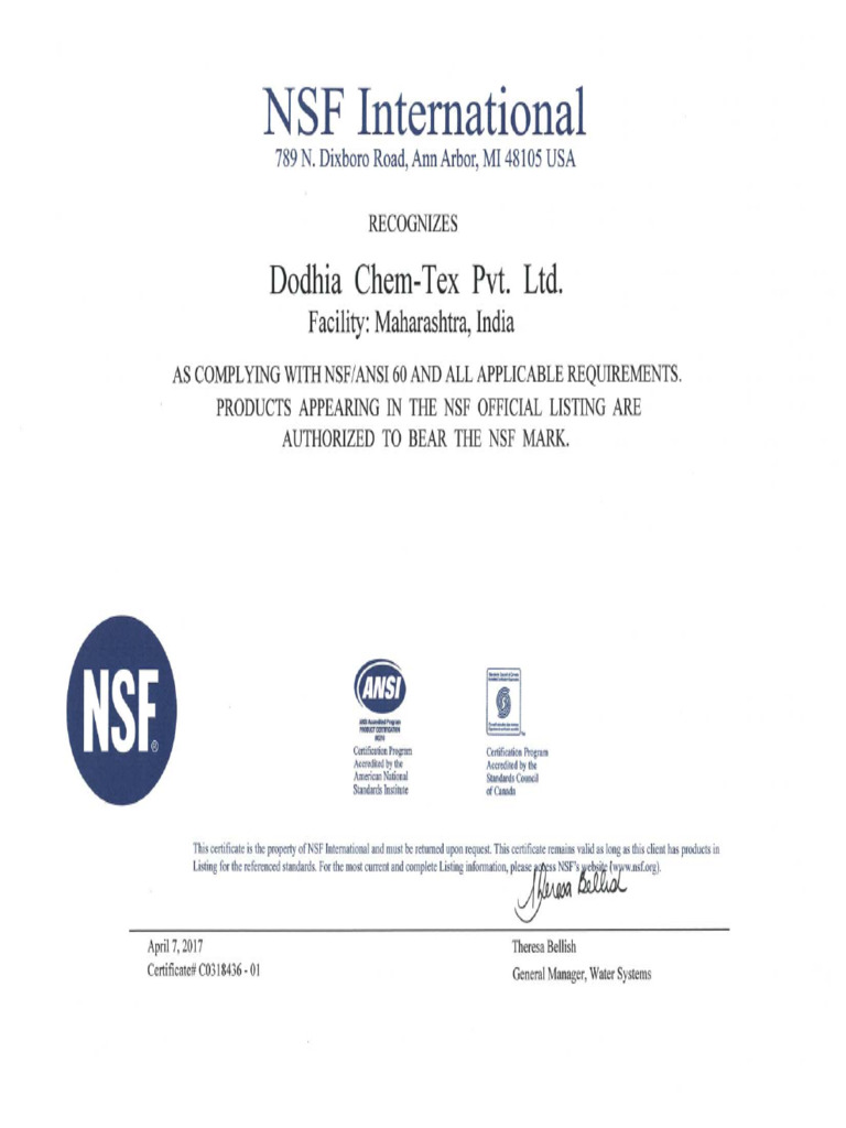 NSF Certificate For Facility | PDF