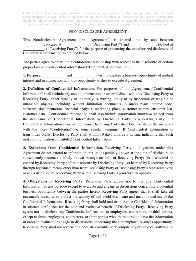 Sample Non-Disclosure Agreement | PDF | Non Disclosure Agreement ...
