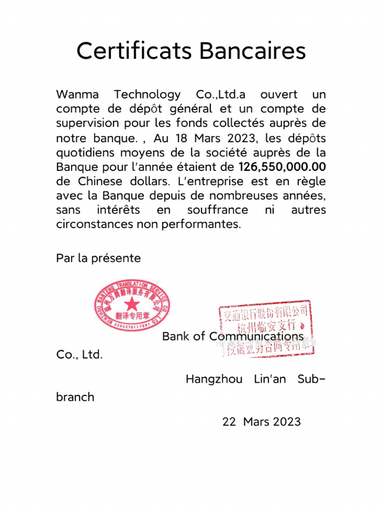 Attestation Bancaire (Français) | PDF
