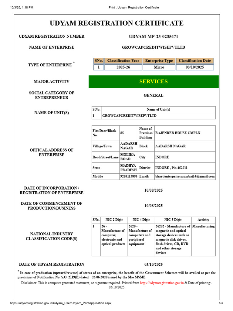 Udyam Registration Certificate for GrowCapCreditWise Pvt Ltd | PDF ...