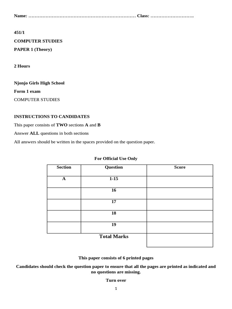 Form 1 Computer Studies Exam Paper | PDF | Computer Keyboard | Computing