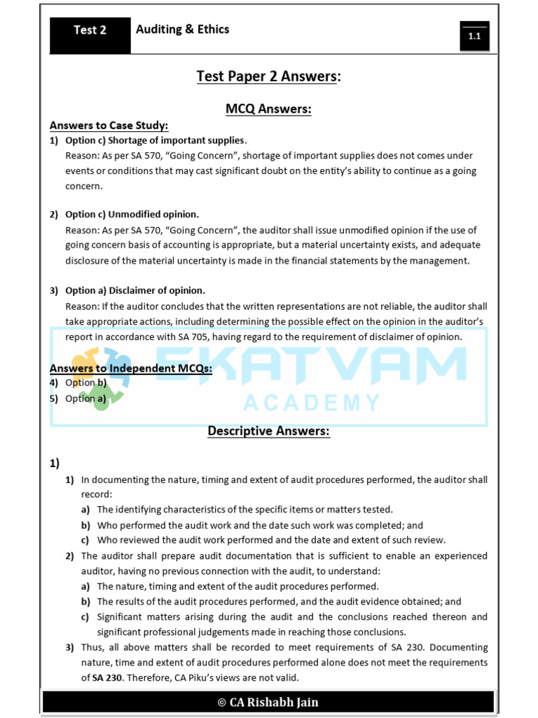Inter Audit Descriptive + MCQ Test Paper 2 Answers For Jan & May | PDF ...