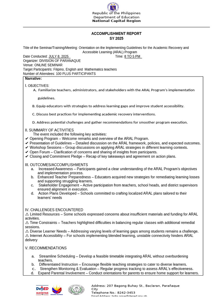 ARAL Program Accomplishment Report 2025 | PDF | Differentiated ...