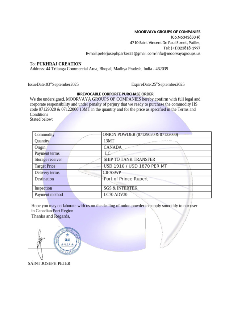 Irrevocable Purchase Order for Onion Powder | PDF