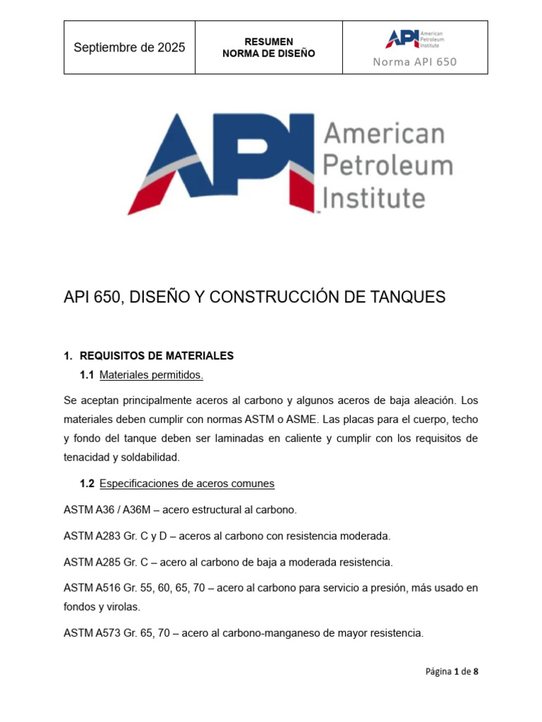Norma API 650: Diseño de Tanques 2025 | PDF | Acero | Tornillo