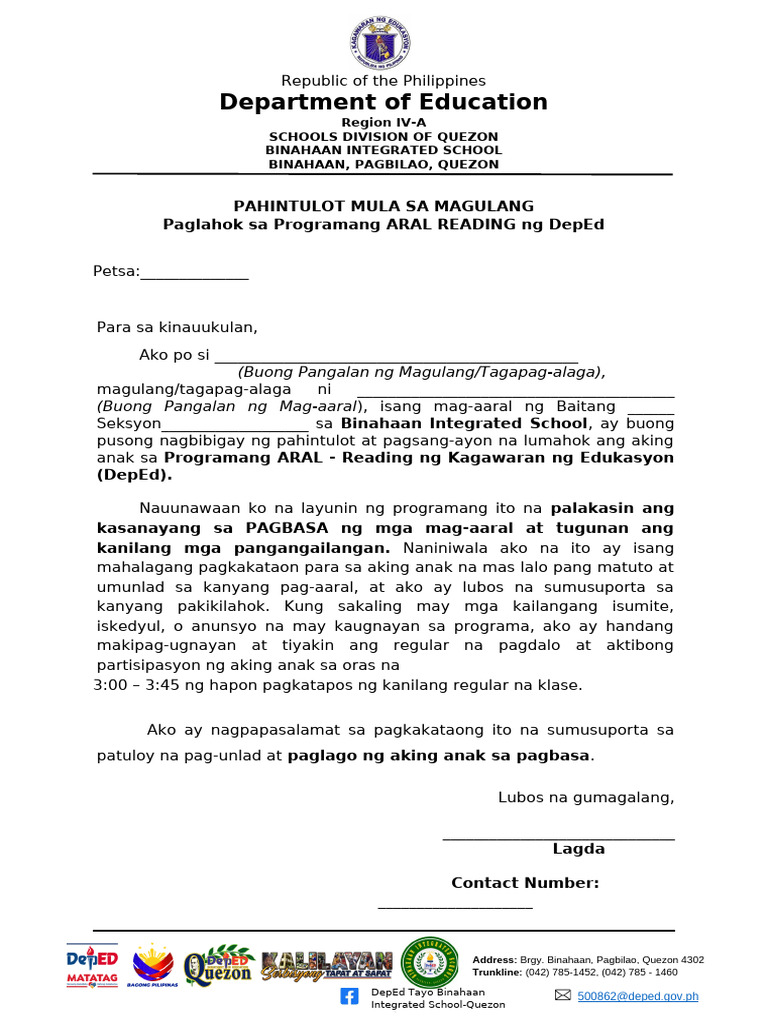 Parent Consent Aral Reading | PDF